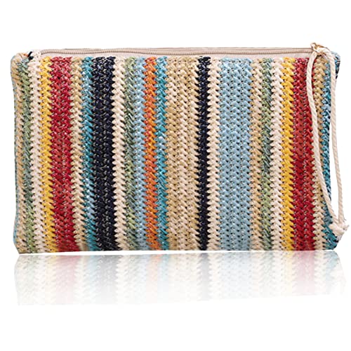 Abuyall Straw Clutch Bag Summer Beach Purse Stripe for Women Woven with Zipper Wristlet Wallet Colorful