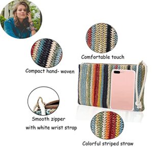 Abuyall Straw Clutch Bag Summer Beach Purse Stripe for Women Woven with Zipper Wristlet Wallet Colorful