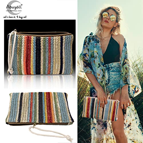 Abuyall Straw Clutch Bag Summer Beach Purse Stripe for Women Woven with Zipper Wristlet Wallet Colorful