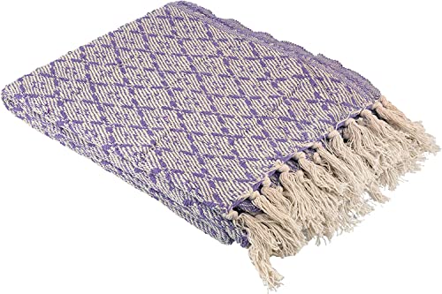 Cotton Throw Blanket with Fringe 60x48 Inches | Purple Reversible Lightweight Warm Cozy Throw Blanket for Living Room, Bed Room, Chair, Couch, Camping, Travel, Everyday Use