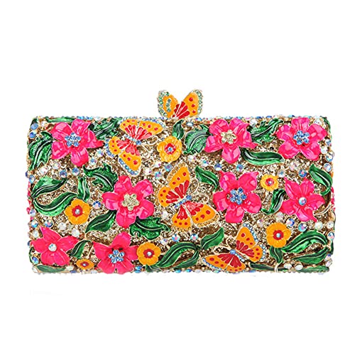 Tngan Women Flowers and Butterfly Evening Clutch Glitter Rhinestones Evening Bag Wedding Party Handbags, Gold Rose Red