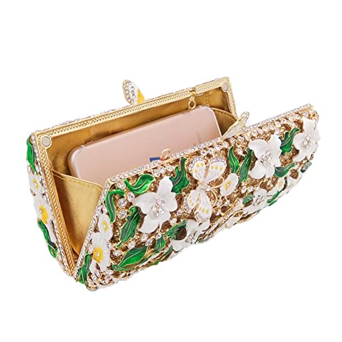 Tngan Women Flowers and Butterfly Evening Clutch Glitter Rhinestones Evening Bag Wedding Party Handbags, Gold Rose Red