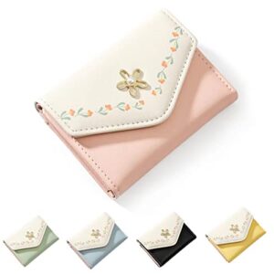 kuifang girls cute flowers print wallet, small tri-folded aesthetic wallet, pu leather purse cash pocket card holder id window purse for women(pink)