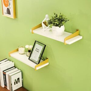 firsttry floating shelves ,gold metal brackets white rustic wood wall storage shelf , photo display ledges,for bathroom, living room, bedroom, kitchen, office, bookshelf。