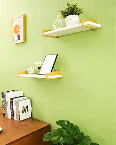 Firsttry Floating Shelves ,Gold Metal Brackets White Rustic Wood Wall Storage Shelf , Photo Display Ledges,for Bathroom, Living Room, Bedroom, Kitchen, Office, Bookshelf。