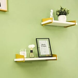 Firsttry Floating Shelves ,Gold Metal Brackets White Rustic Wood Wall Storage Shelf , Photo Display Ledges,for Bathroom, Living Room, Bedroom, Kitchen, Office, Bookshelf。