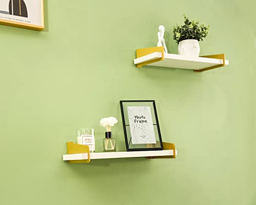 Firsttry Floating Shelves ,Gold Metal Brackets White Rustic Wood Wall Storage Shelf , Photo Display Ledges,for Bathroom, Living Room, Bedroom, Kitchen, Office, Bookshelf。