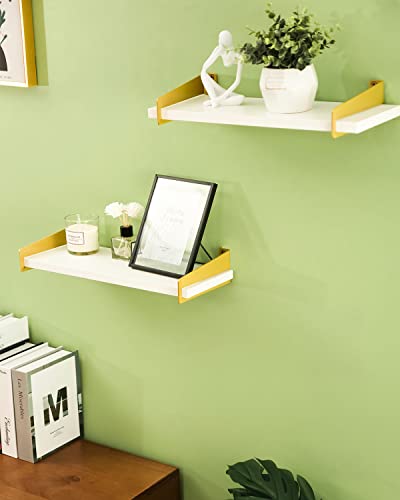 Firsttry Floating Shelves ,Gold Metal Brackets White Rustic Wood Wall Storage Shelf , Photo Display Ledges,for Bathroom, Living Room, Bedroom, Kitchen, Office, Bookshelf。