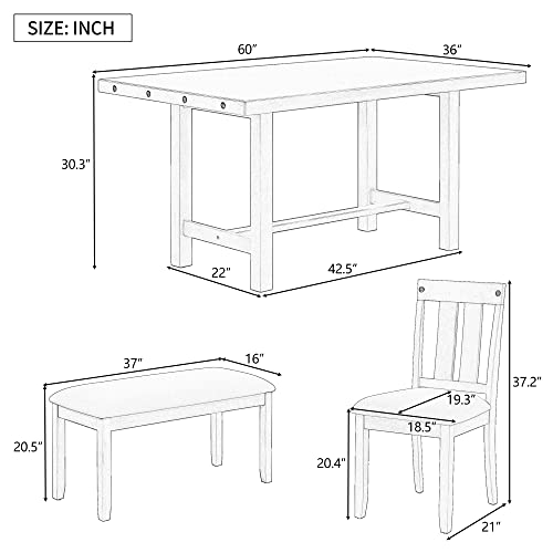 6 Piece Dining Table Set, Rectangle Dining Table with 4 Upholstered Chairs & a Bench, Kitchen Table Chairs Set for 6 Persons, Wood Dining Room Set (Gray)