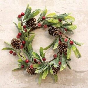 for frosted mistletoe glittered berries pinecone candle ring – 4″ inner opening seasonal ornaments