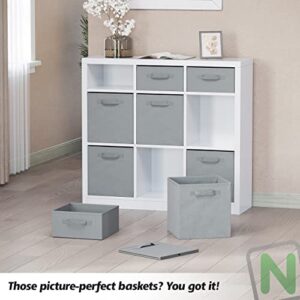 Wooden 9 Cube Storage Organizer Set. Includes Six Fabric Storage Cube Bins. Cube Shelves for Clothes, Storage and Toys. (White/Grey)