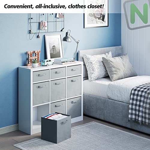 Wooden 9 Cube Storage Organizer Set. Includes Six Fabric Storage Cube Bins. Cube Shelves for Clothes, Storage and Toys. (White/Grey)