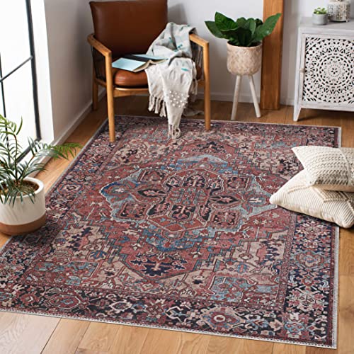 Neyland Machine Washable Living Room Area Rug - Oriental Traditional Persian Medallion Carpet - Vintage Bohemian Look - Dark Red, Burgundy, Blue - 9' x 12'