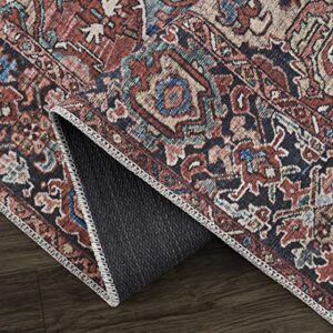 Neyland Machine Washable Living Room Area Rug - Oriental Traditional Persian Medallion Carpet - Vintage Bohemian Look - Dark Red, Burgundy, Blue - 9' x 12'