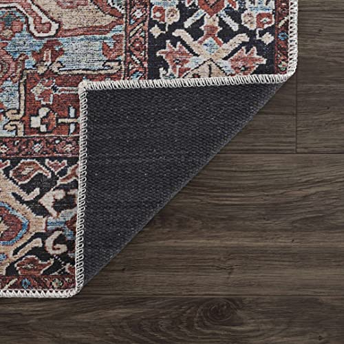 Neyland Machine Washable Living Room Area Rug - Oriental Traditional Persian Medallion Carpet - Vintage Bohemian Look - Dark Red, Burgundy, Blue - 9' x 12'