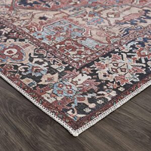 Neyland Machine Washable Living Room Area Rug - Oriental Traditional Persian Medallion Carpet - Vintage Bohemian Look - Dark Red, Burgundy, Blue - 9' x 12'