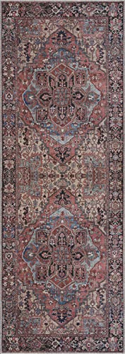 Neyland Machine Washable Living Room Area Rug - Oriental Traditional Persian Medallion Carpet - Vintage Bohemian Look - Dark Red, Burgundy, Blue - 9' x 12'