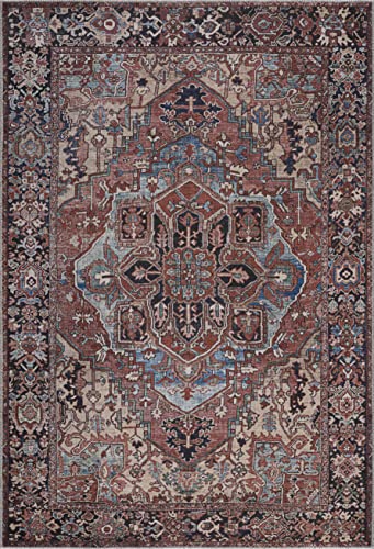 Neyland Machine Washable Living Room Area Rug - Oriental Traditional Persian Medallion Carpet - Vintage Bohemian Look - Dark Red, Burgundy, Blue - 9' x 12'