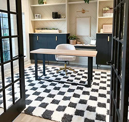 Hauteloom Atira Checkered Shag Area Rug - Checkboard Design - High Pile Fluffy Shaggy Touch - Square Tiles - Kids Room, Nursery, Living Room Shaggy Carpet - Black, White - 5'3" x 7'3"