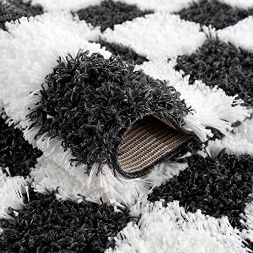 Hauteloom Atira Checkered Shag Area Rug - Checkboard Design - High Pile Fluffy Shaggy Touch - Square Tiles - Kids Room, Nursery, Living Room Shaggy Carpet - Black, White - 5'3" x 7'3"