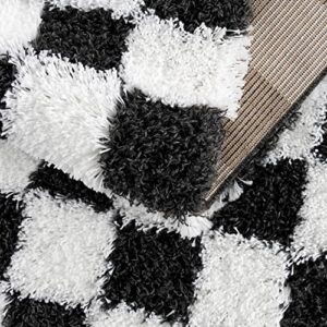 Hauteloom Atira Checkered Shag Area Rug - Checkboard Design - High Pile Fluffy Shaggy Touch - Square Tiles - Kids Room, Nursery, Living Room Shaggy Carpet - Black, White - 5'3" x 7'3"