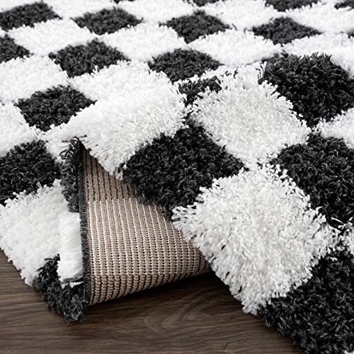 Hauteloom Atira Checkered Shag Area Rug - Checkboard Design - High Pile Fluffy Shaggy Touch - Square Tiles - Kids Room, Nursery, Living Room Shaggy Carpet - Black, White - 5'3" x 7'3"