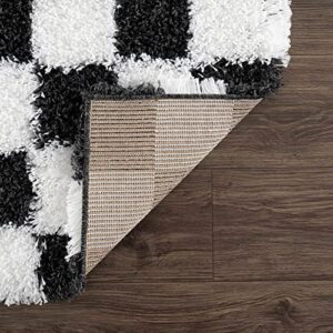 Hauteloom Atira Checkered Shag Area Rug - Checkboard Design - High Pile Fluffy Shaggy Touch - Square Tiles - Kids Room, Nursery, Living Room Shaggy Carpet - Black, White - 5'3" x 7'3"