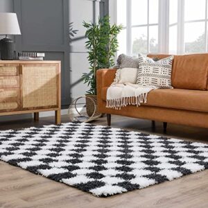 Hauteloom Atira Checkered Shag Area Rug - Checkboard Design - High Pile Fluffy Shaggy Touch - Square Tiles - Kids Room, Nursery, Living Room Shaggy Carpet - Black, White - 5'3" x 7'3"