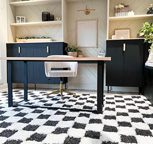 Hauteloom Atira Checkered Shag Area Rug - Checkboard Design - High Pile Fluffy Shaggy Touch - Square Tiles - Kids Room, Nursery, Living Room Shaggy Carpet - Black, White - 5'3" x 7'3"