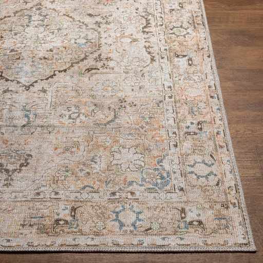 Kemer Collection Machine Washable Area Rug for Living Room Bedroom - Vintage Distressed Faded - Traditional Boho Bohemian Farmhouse Bordered Carpet - Pet Friendly - Brown, Beige, Cream - 8'10" x 12'