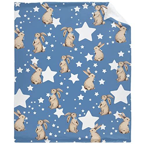 Blue Star Rabbit Bunny Blanket Flannel Lightweight Fleece Soft Cozy Happy Easter Gifts Throws Fuzzy Warm Cozy Bedding Blankets for All Season in Home Bed Sofa XS 40"x30"