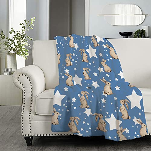 Blue Star Rabbit Bunny Blanket Flannel Lightweight Fleece Soft Cozy Happy Easter Gifts Throws Fuzzy Warm Cozy Bedding Blankets for All Season in Home Bed Sofa XS 40"x30"