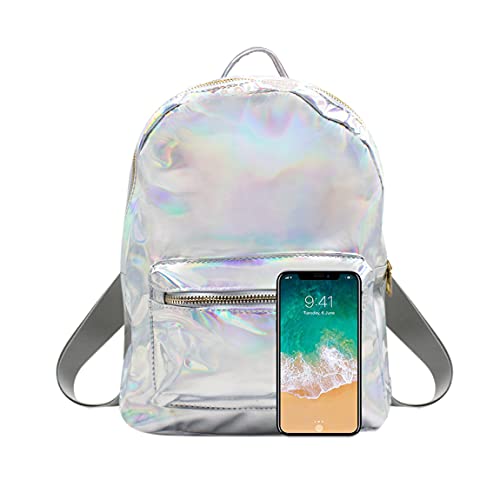 MOSSTYUS Holographic Backpack Hologram Laser Small Travel Casual Daypack Satchel Purse for Women,Silver