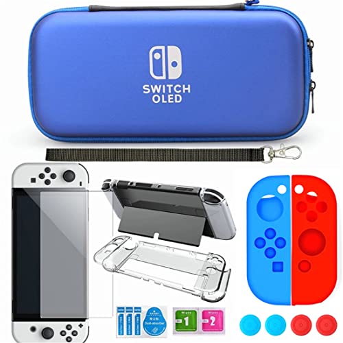 ELIATER Carrying Case Compatible with Switch OLED Model 2021, Accessories Bundle with Screen Protector, Clear Cover for Switch-Pro Controller, Silicone Skin for Joy-Con and 4 Thumb Grip Caps(Blue)