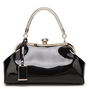 rourou glossy patent leather handbag for women top handle tote bag evening shoulder bag wedding satchel retro purse