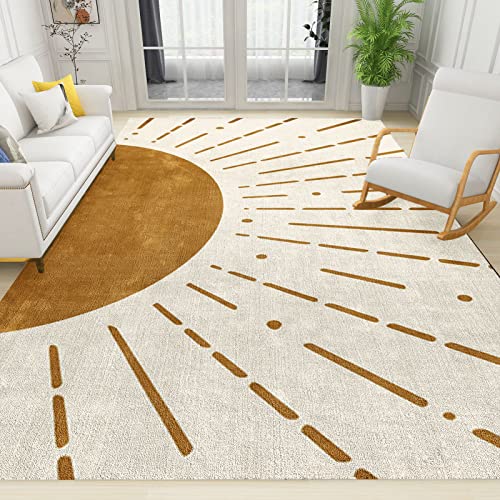 Boho Sun Area Rug 5x8 Feet Horizontal Sunset Modern Abstract Non-Slip Soft Rainbow Accent Large Rugs Mid Century Geometric Floor Carpet for Living Room