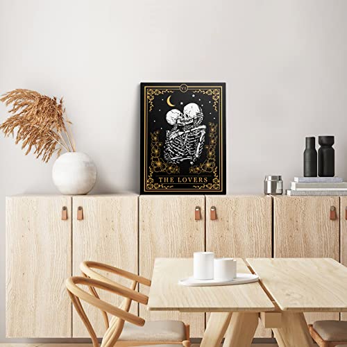 XWELLDAN Tarot Kissing Skeleton The Lovers Halloween Wall Art Canvas Prints, Love Gifts for Women, Mysterious Skull Halloween Romantic Wall Art Decor for Home Bedroom Bathroom, 11 x 14 Inch, Framed