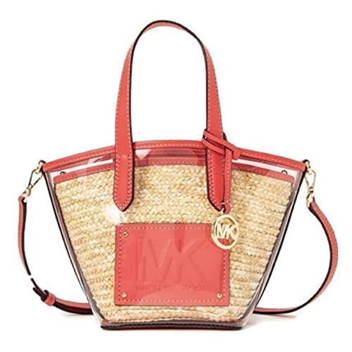 Michael Kors Kimber Small 2 in 1 Zip Tote Messenger Clear PVC and Natural Straw (Coral Reef)