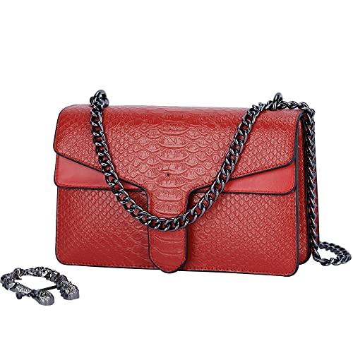 GLOD JORLEE Trendy Chain Crossbody Bags For Women - Luxury Snake Printed Leather Shoulder Satchel Bag Evening Clutch Purse handbags (001-red)