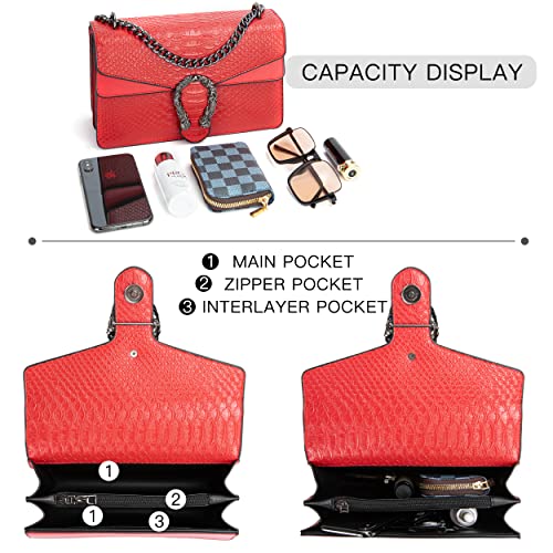 GLOD JORLEE Trendy Chain Crossbody Bags For Women - Luxury Snake Printed Leather Shoulder Satchel Bag Evening Clutch Purse handbags (001-red)