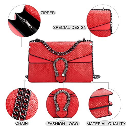 GLOD JORLEE Trendy Chain Crossbody Bags For Women - Luxury Snake Printed Leather Shoulder Satchel Bag Evening Clutch Purse handbags (001-red)