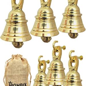 HIGHBIX Solid Brass Jingle Bells Set of 6 Hanging Harmony Festive Décor Handmade Brass Bells with Hooks