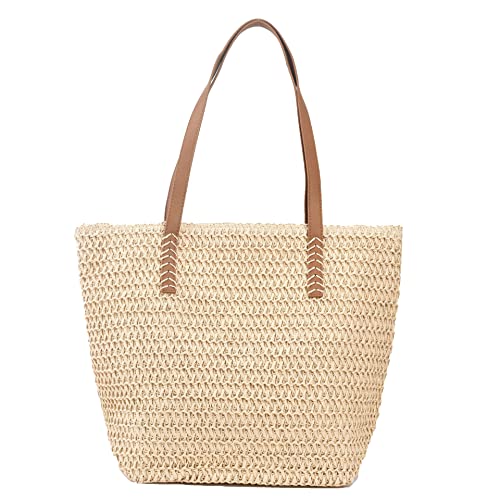 Large Straw Beach Bag for Womens, Straw Handbag Woven Tote Bag With Zipper Summer Straw Shoulder Bag (Beige)