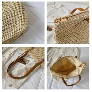 Large Straw Beach Bag for Womens, Straw Handbag Woven Tote Bag With Zipper Summer Straw Shoulder Bag (Beige)