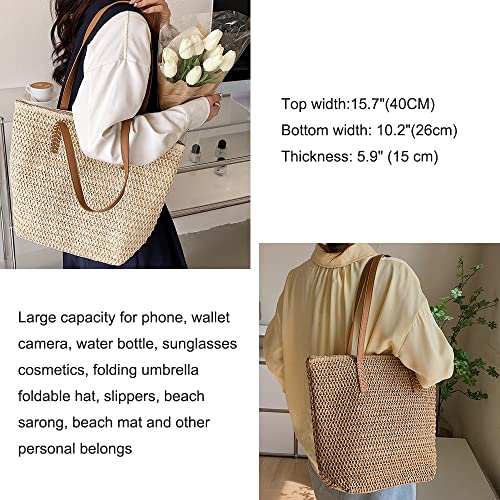 Large Straw Beach Bag for Womens, Straw Handbag Woven Tote Bag With Zipper Summer Straw Shoulder Bag (Beige)