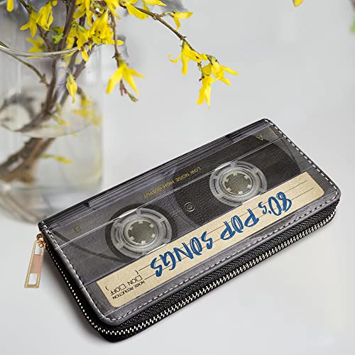 WIRESTER PU Leather Clutch Purse Card Holder Wallet, Zip Around Long Wallet for Women - Retro Clear Cassette Tape Pop Songs