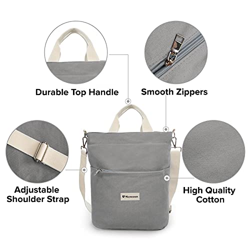 Canvas Tote Bag with Zipper and Pocket, Casual Shoulder Work Bag for Women Crossbody Handbags School Planner Hobo Bag Grey