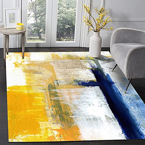 Blue Yellow Modern Abstract Area Rugs for Livingroom Bedroom Contemporary Arti Colorful Rugs Under Office Coffee Table Soft Velvet Floorcovers Carpets Non-Sheading Diningroom Rugs 7x9ft