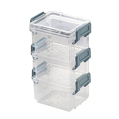 3 Pack Mini Plastic Storage Bin Organizing Container with Lids and Latching Buckles Stackable and Nestable Clear Storage Containers Latching Box with Handle for Organizing, Small(Blue/Grey Handle)