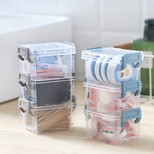 3 Pack Mini Plastic Storage Bin Organizing Container with Lids and Latching Buckles Stackable and Nestable Clear Storage Containers Latching Box with Handle for Organizing, Small(Blue/Grey Handle)